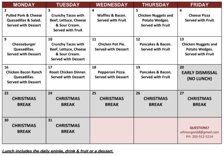 December Lunch Menu Due Soon! | Christian Life Academy of Brookfield